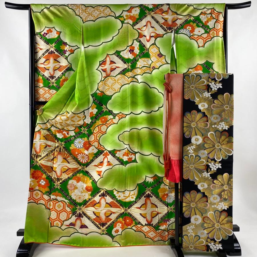 振袖 身丈168cm 裄丈65cm M 袷 バチ衿 袋帯フルセット 花丸文 鶴 金糸 金彩 黄緑色 正絹 秀品 中古 : 1000079527995 : リユースセレクトショップバイセル ...
