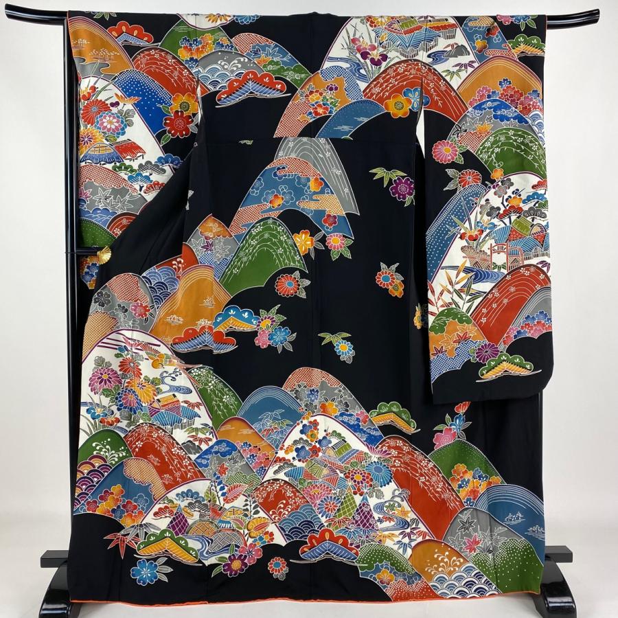 振袖 身丈170cm 裄丈68cm L 袷 山並み 草花 黒 正絹 美品 名品 中古 : 1000079546613 : リユースセレクトショップバイセル Yahoo!店 - 通販 ...