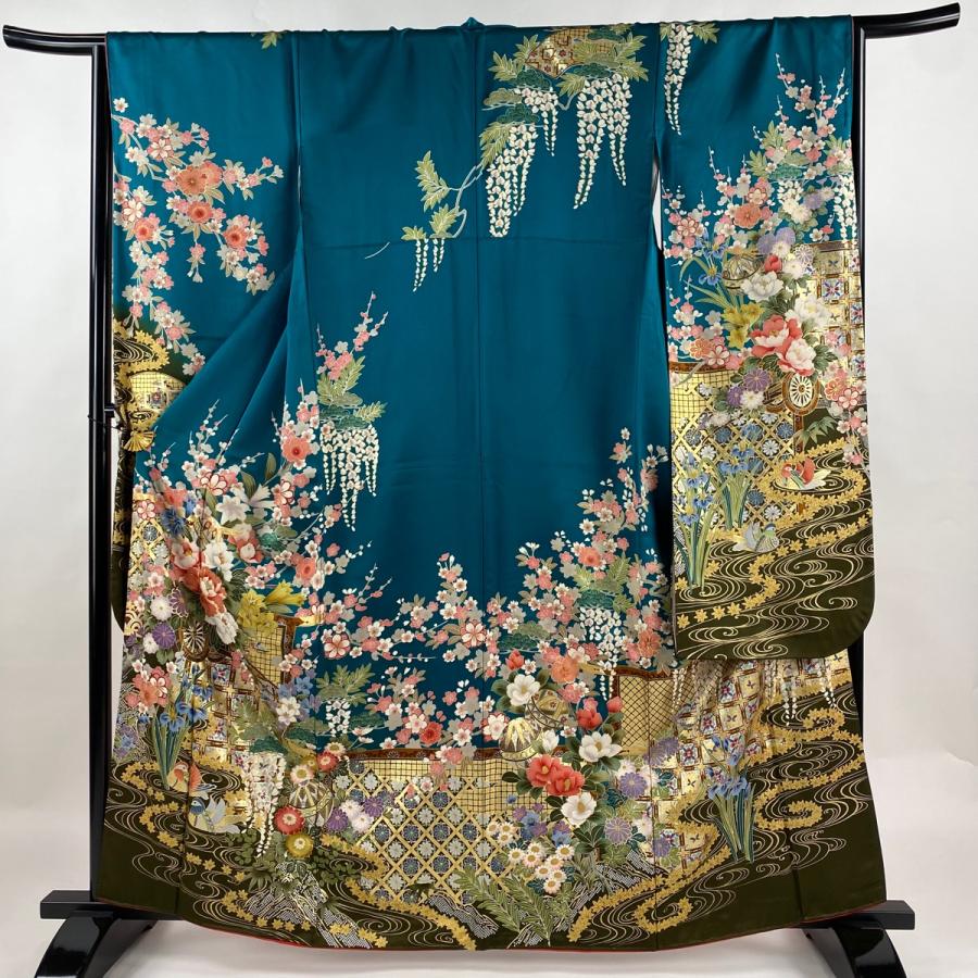 振袖 身丈162cm 裄丈66cm M 袷 花車 鴛鴦 金彩 金糸 青緑 正絹 名品 中古 : リユースセレクトショップバイセル Yahoo!店 - 通販 - Yahoo!ショッピング