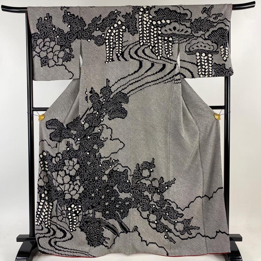 訪問着 身丈168cm 裄丈68cm L 袷 草花 流水 総絞り 黒 正絹 名品 中古 : リユースセレクトショップバイセル Yahoo!店 - 通販 - Yahoo!ショッピング
