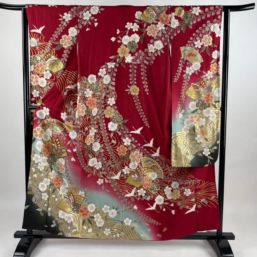 振袖 身丈160cm 裄丈64cm M 袷 扇面 枝垂れ桜 金糸 金彩 赤 正絹 名品 中古 : リユースセレクトショップバイセル Yahoo!店 - 通販 - Yahoo!ショッピング