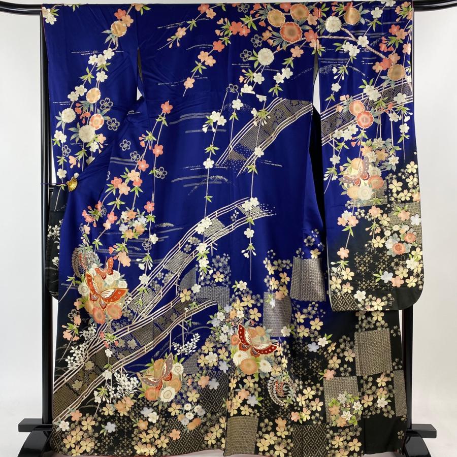 振袖 身丈166.5cm 裄丈66cm M 袷 蝶 枝垂れ桜 紺色 正絹 名品 中古 : リユースセレクトショップバイセル Yahoo!店 - 通販 - Yahoo!ショッピング