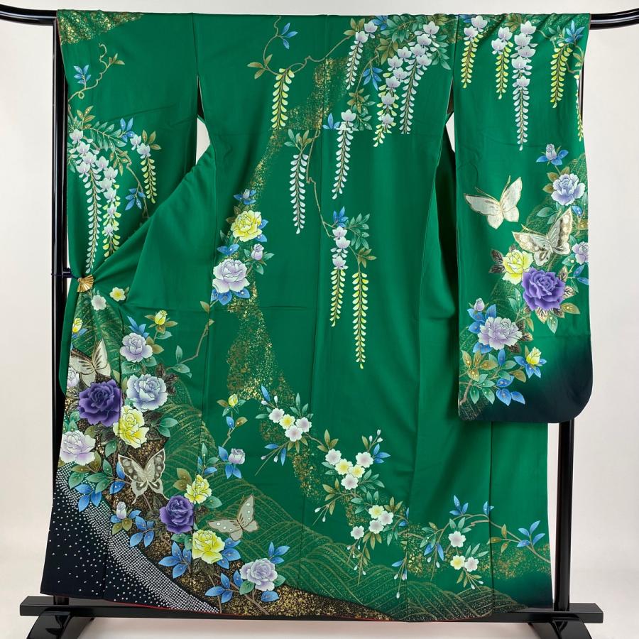 振袖 身丈159cm 裄丈66cm M 袷 蝶 薔薇 金銀彩 緑 正絹 秀品 中古 : リユースセレクトショップバイセル Yahoo!店 - 通販 - Yahoo!ショッピング