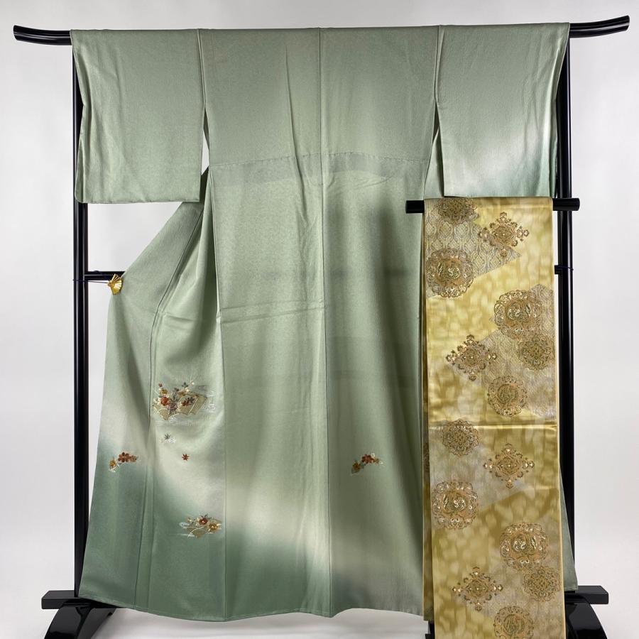 付下げ 身丈162.5cm 裄丈65cm M 袷 袋帯セット 扇面 草花 金糸 刺繍 薄緑 正絹 秀品 中古 : リユースセレクトショップバイセル Yahoo!店 - 通販 - Yahoo ...