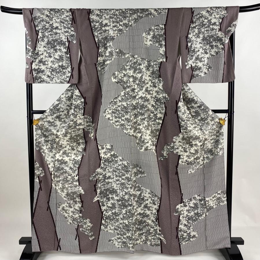 訪問着 身丈165.5cm 裄丈69cm L 袷 葉柄 縞 金彩 灰白 正絹 名品 中古 : リユースセレクトショップバイセル Yahoo!店 - 通販 - Yahoo!ショッピング