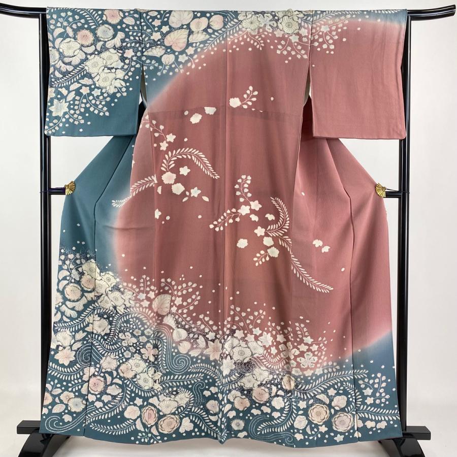 訪問着 身丈159.5cm 裄丈64.5cm M 袷 辻が花柄 ぼかし 青灰色 正絹 名品 中古 : リユースセレクトショップバイセル Yahoo!店 - 通販 - Yahoo!ショッピング
