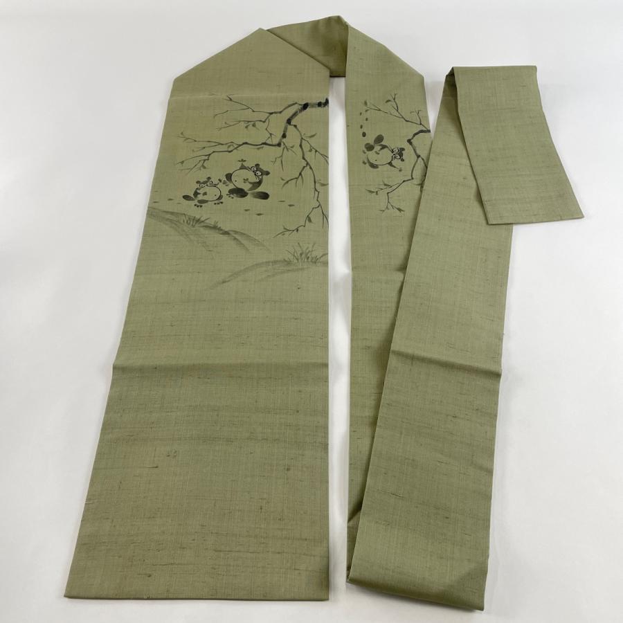 名古屋帯 美品 名品 紬地 たぬき 枝葉 灰緑 正絹 中古 名古屋帯 美品 名品 紬地 たぬき 枝葉 灰緑 正絹 中古
