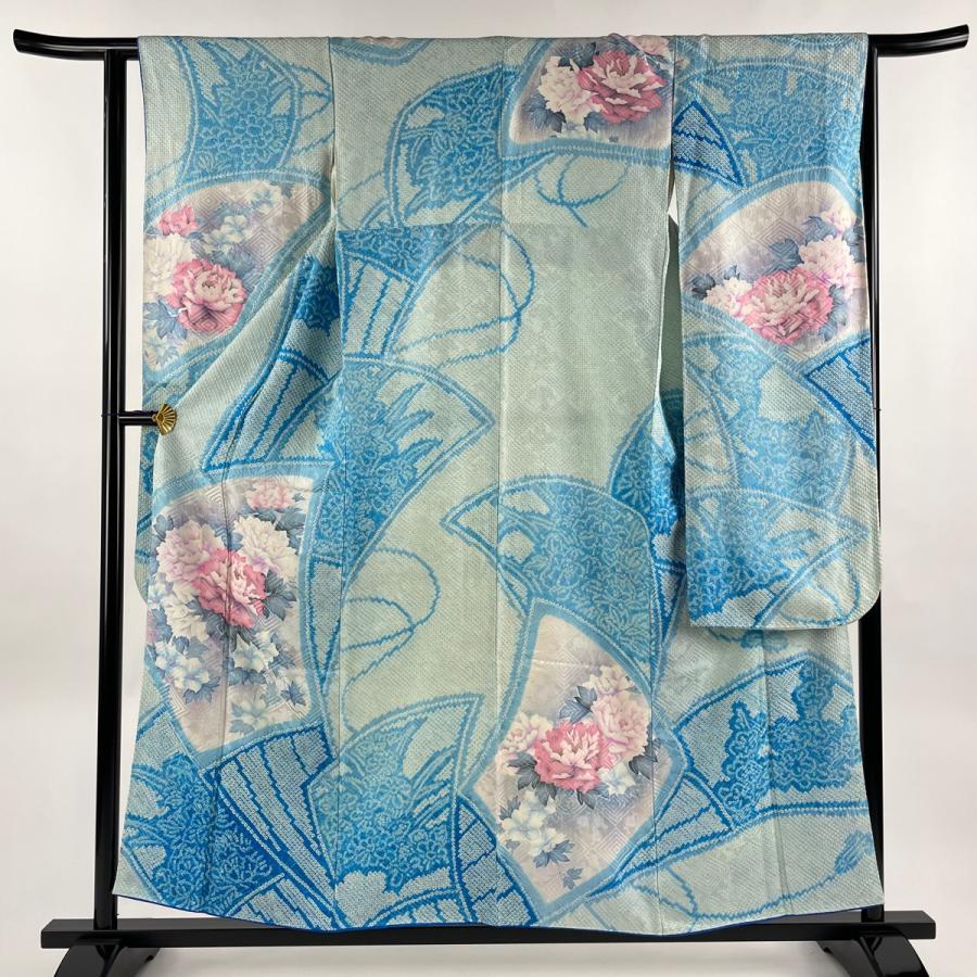 振袖 身丈157cm 裄丈62cm S 袷 牡丹 扇 金彩 絞り 水色 正絹 秀品 中古 : リユースセレクトショップバイセル Yahoo!店 - 通販 - Yahoo!ショッピング