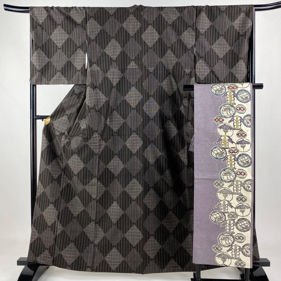 紬 身丈163cm 裄丈68cm L 袷 名古屋帯セット 縞 菱 焦茶色 正絹 美品 秀品 中古 : 1000085345477 : リユースセレクトショップバイセル Yahoo!店 - 通販 ...