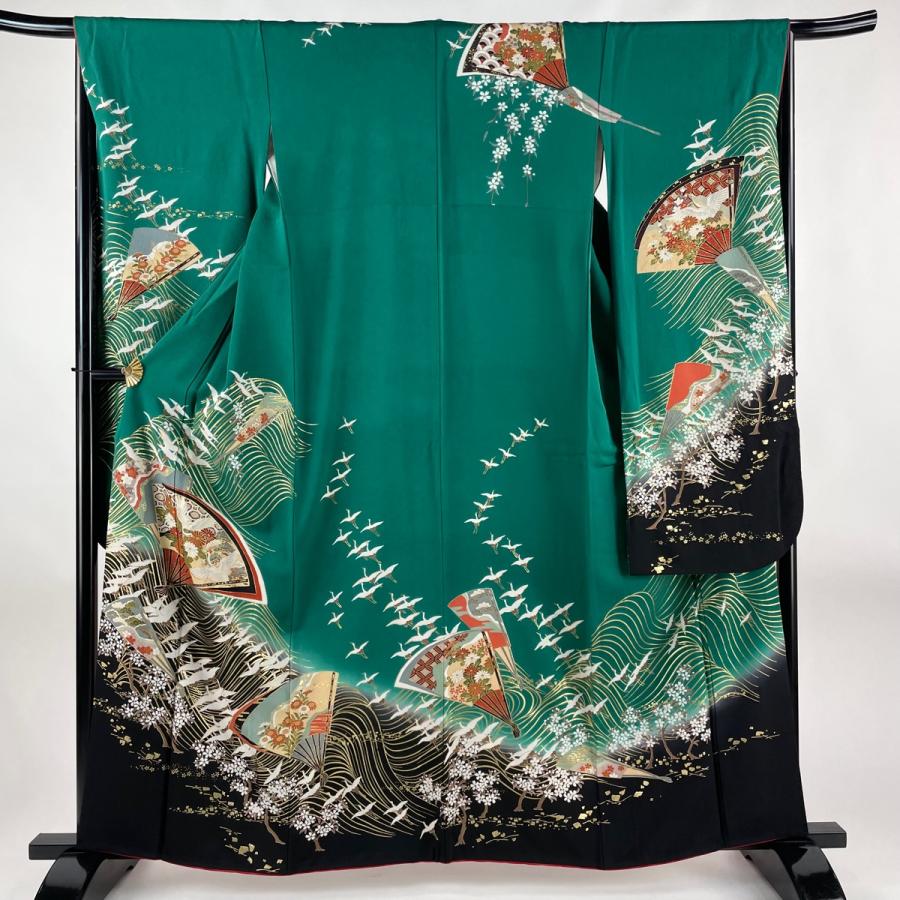 振袖 身丈161.5cm 裄丈66cm M 袷 鶴 扇 金彩 染め分け 緑 正絹 秀品 中古 : リユースセレクトショップバイセル Yahoo!店 - 通販 - Yahoo!ショッピング