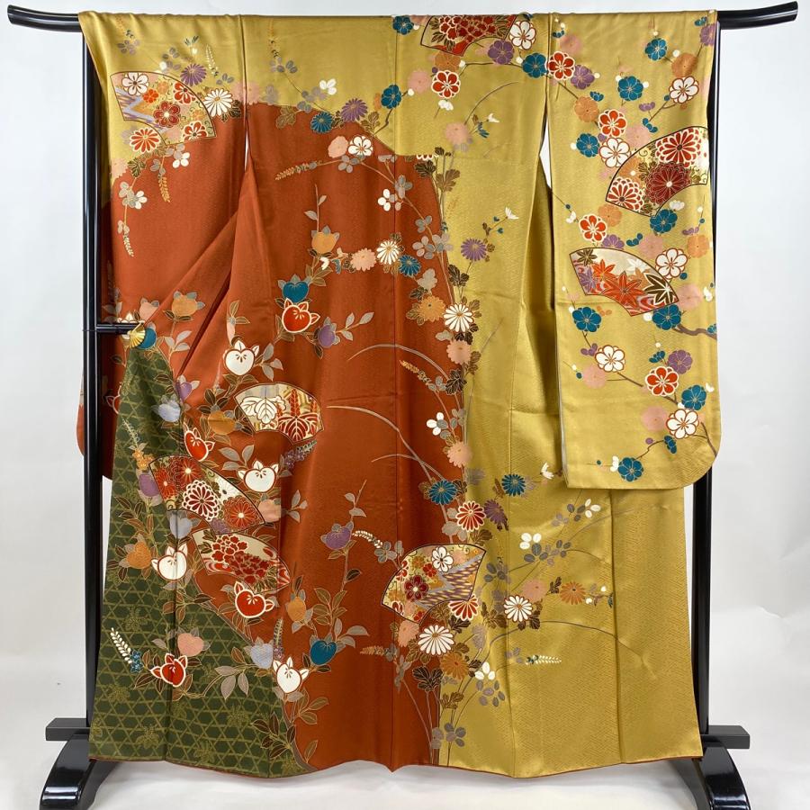 振袖 身丈164cm 裄丈68cm L 袷 扇面 橘 金彩 染め分け 赤茶 正絹 秀品 中古 : リユースセレクトショップバイセル Yahoo!店 - 通販 - Yahoo!ショッピング