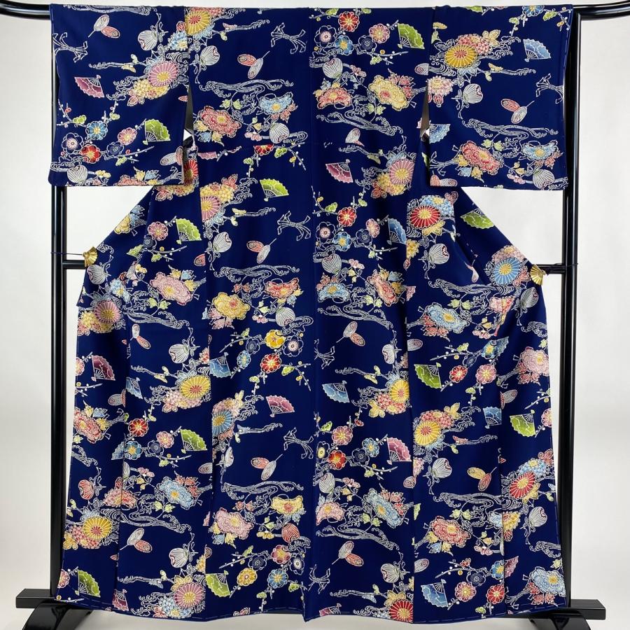 小紋 身丈160cm 裄丈66cm M 袷 扇 枝梅 縮緬 紺色 正絹 秀品 中古 : リユースセレクトショップバイセル Yahoo!店 - 通販 - Yahoo!ショッピング