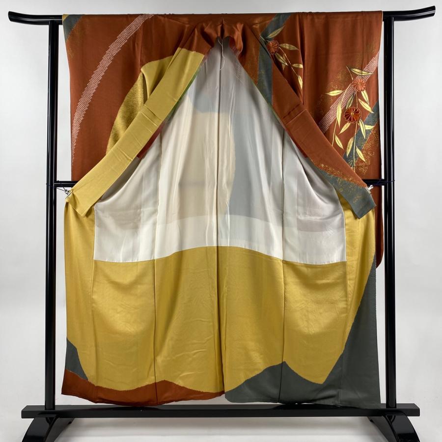 振袖 身丈156.5cm 裄丈63cm S 袷 菊 葉柄 刺繍 絞り 赤茶 正絹 秀品 中古 : リユースセレクトショップバイセル Yahoo!店 - 通販 - Yahoo!ショッピング