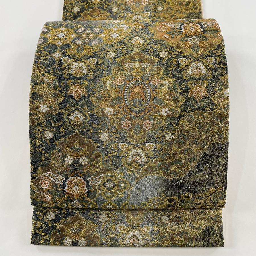 袋帯 美品 秀品 光線プレリュード 華文 草花 箔 金糸 深緑 六通 袋帯 美品 秀品 光線プレリュード 華文 草花 箔 金糸 深緑 六通