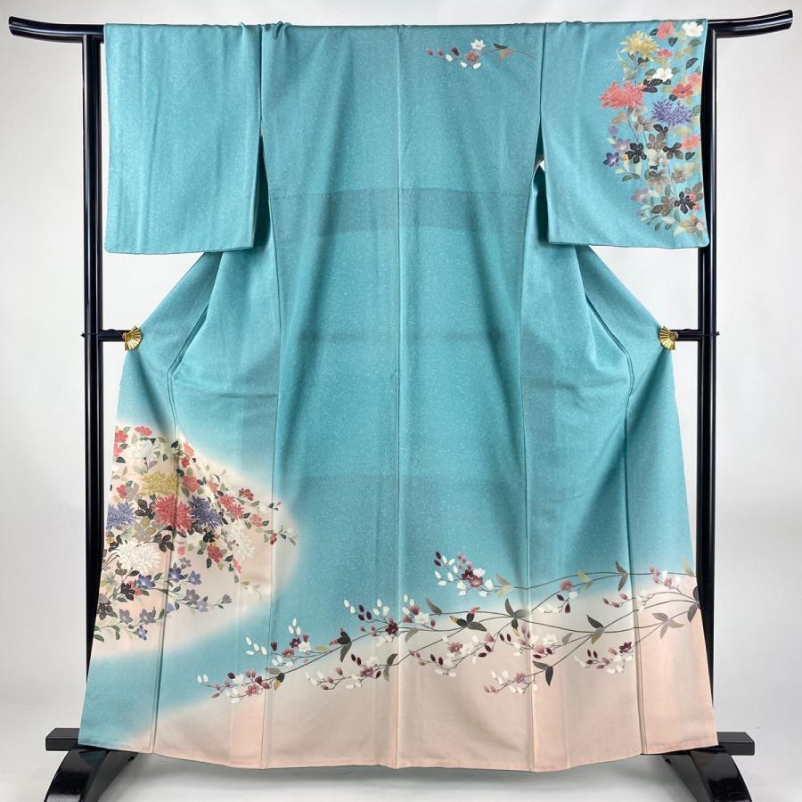 訪問着 身丈161.5cm 裄丈65cm M 袷 菊 草花 染め分け ぼかし 水色 正絹 秀品 中古 : リユースセレクトショップバイセル Yahoo!店 - 通販 - Yahoo!ショッピング