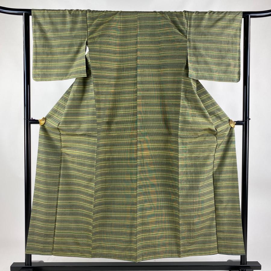 紬 身丈154cm 裄丈63.5cm S 袷 胴抜き 横縞 灰緑 正絹 美品 優品 中古 : リユースセレクトショップバイセル Yahoo!店 - 通販 - Yahoo!ショッピング