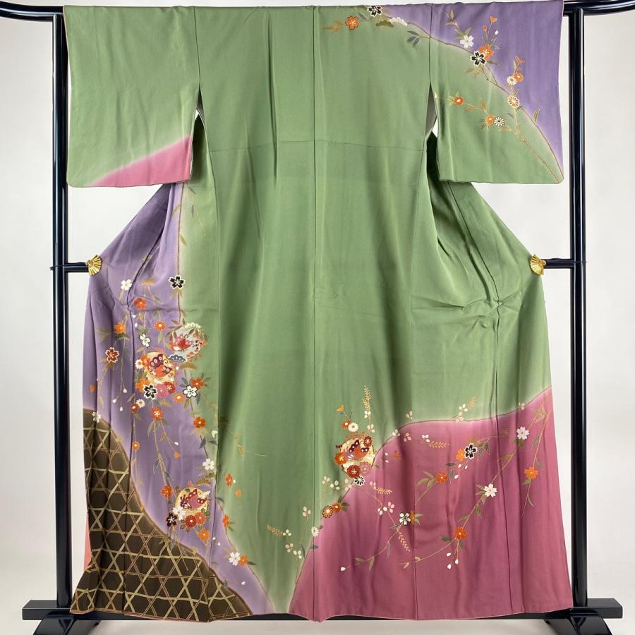 訪問着 身丈158cm 裄丈63cm S 袷 蝶 枝垂れ桜 金銀彩 染め分け 灰緑 正絹 秀品 中古 : リユースセレクトショップバイセル Yahoo!店 - 通販 - Yahoo!ショッピング