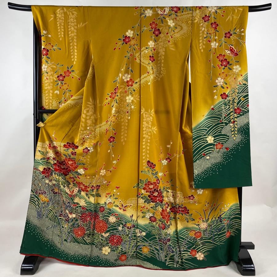 振袖 身丈172cm 裄丈69cm 未仕立て 仮絵羽 牡丹 蝶 金彩 縮緬 山吹色 正絹 秀品 中古 : リユースセレクトショップバイセル Yahoo!店 - 通販 - Yahoo!ショッピング