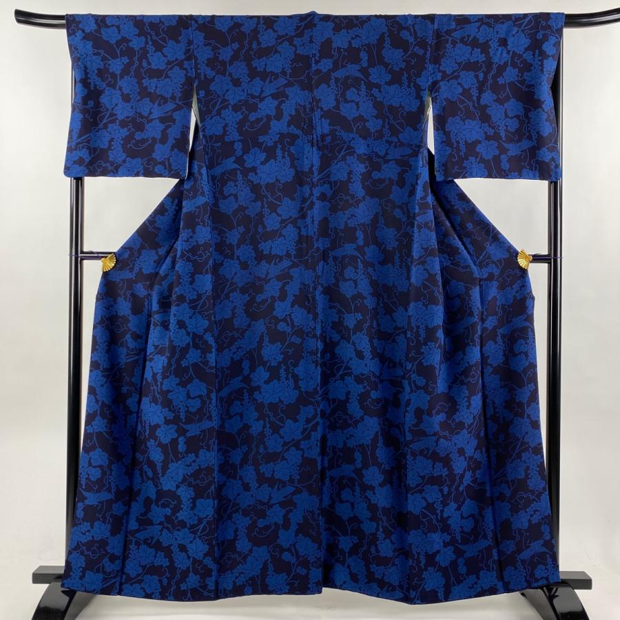 小紋 身丈159cm 裄丈69cm L 袷 葡萄唐草 鳥 紺色 正絹 逸品 中古 : リユースセレクトショップバイセル Yahoo!店 - 通販 - Yahoo!ショッピング
