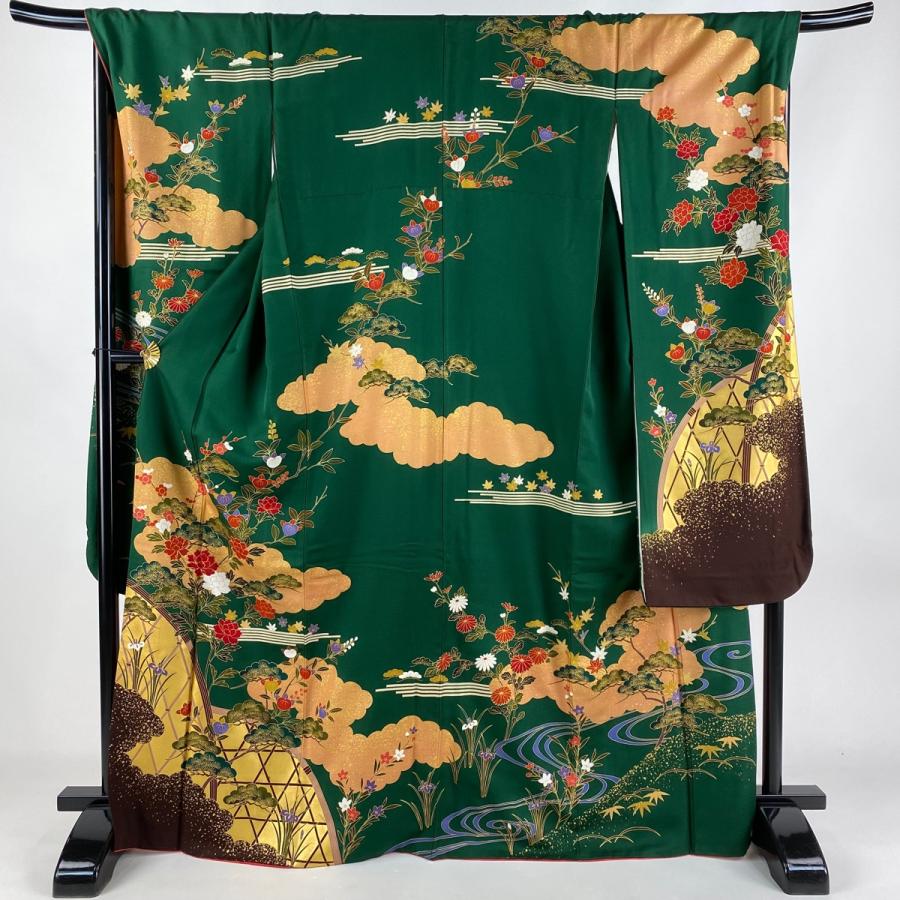 振袖 身丈168cm 裄丈69cm L 袷 草花 雲文 金彩 金糸 緑 正絹 名品 中古 : リユースセレクトショップバイセル Yahoo!店 - 通販 - Yahoo!ショッピング