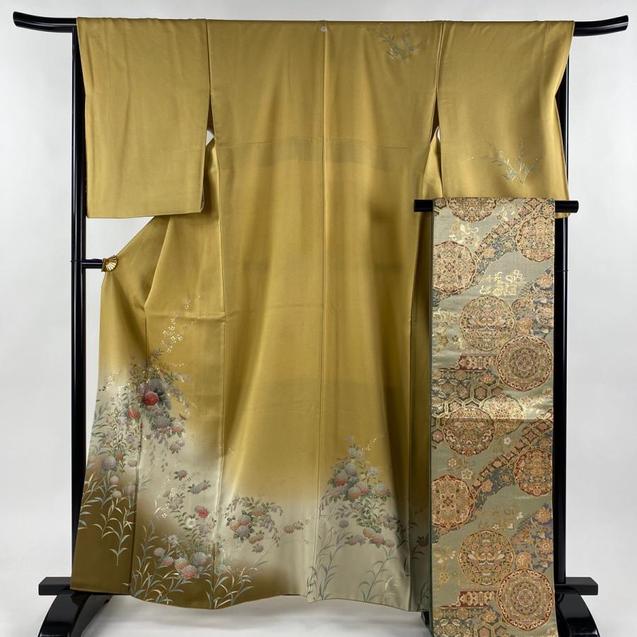 訪問着 身丈161cm 裄丈67.5cm L 袷 袋帯セット 菊 撫子 刺繍 金彩 黄土色 正絹 秀品 一つ紋 中古 : リユースセレクトショップバイセル Yahoo!店 - 通販 ...