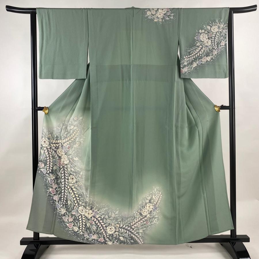 訪問着 身丈157.5cm 裄丈64cm M 単衣 辻が花 ぼかし 灰緑 正絹 秀品 中古 : リユースセレクトショップバイセル Yahoo!店 - 通販 - Yahoo!ショッピング