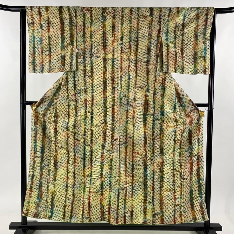小紋 身丈153cm 裄丈63.5cm S 袷 縞 絞り 黄緑色 正絹 秀品 中古 : リユースセレクトショップバイセル Yahoo!店 - 通販 - Yahoo!ショッピング