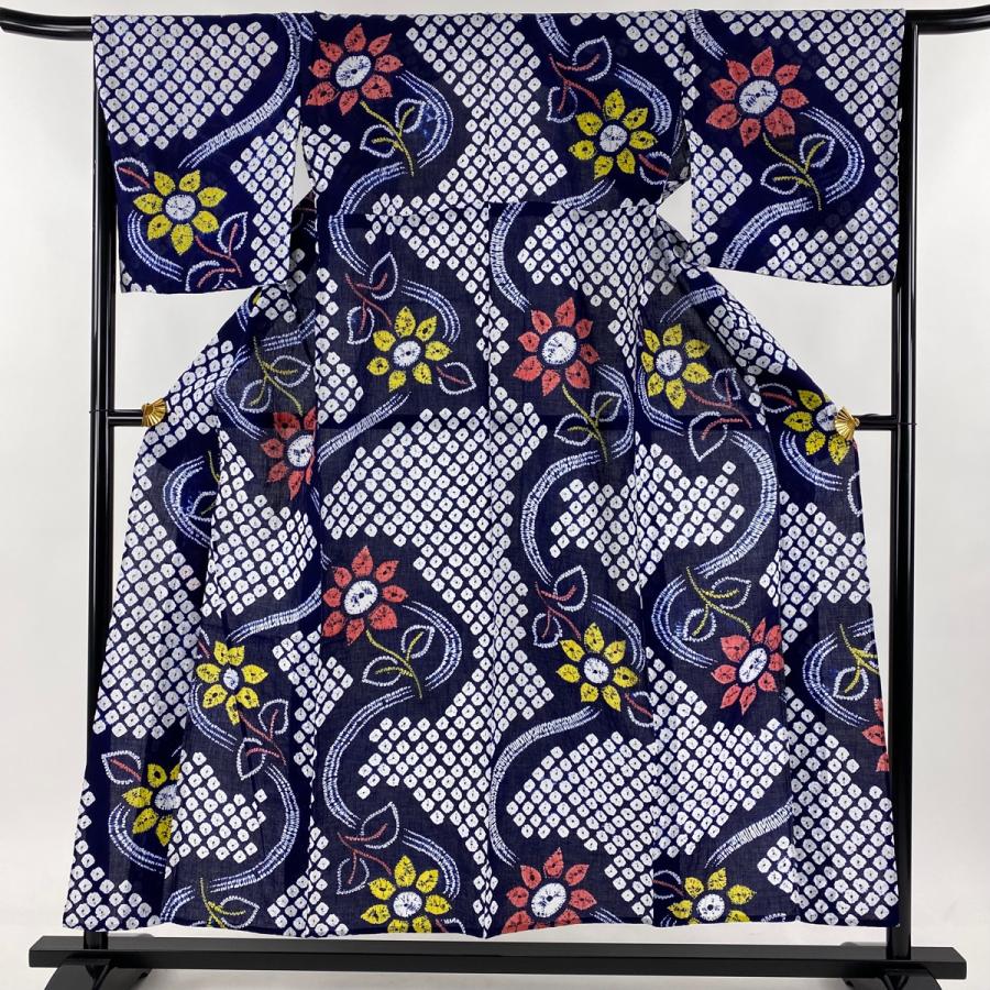浴衣 身丈155cm 裄丈66cm 絞り浴衣 草花 よろけ縞 絞り 紺色 綿 美品 名品 中古 : リユースセレクトショップバイセル Yahoo!店 - 通販 - Yahoo!ショッピング