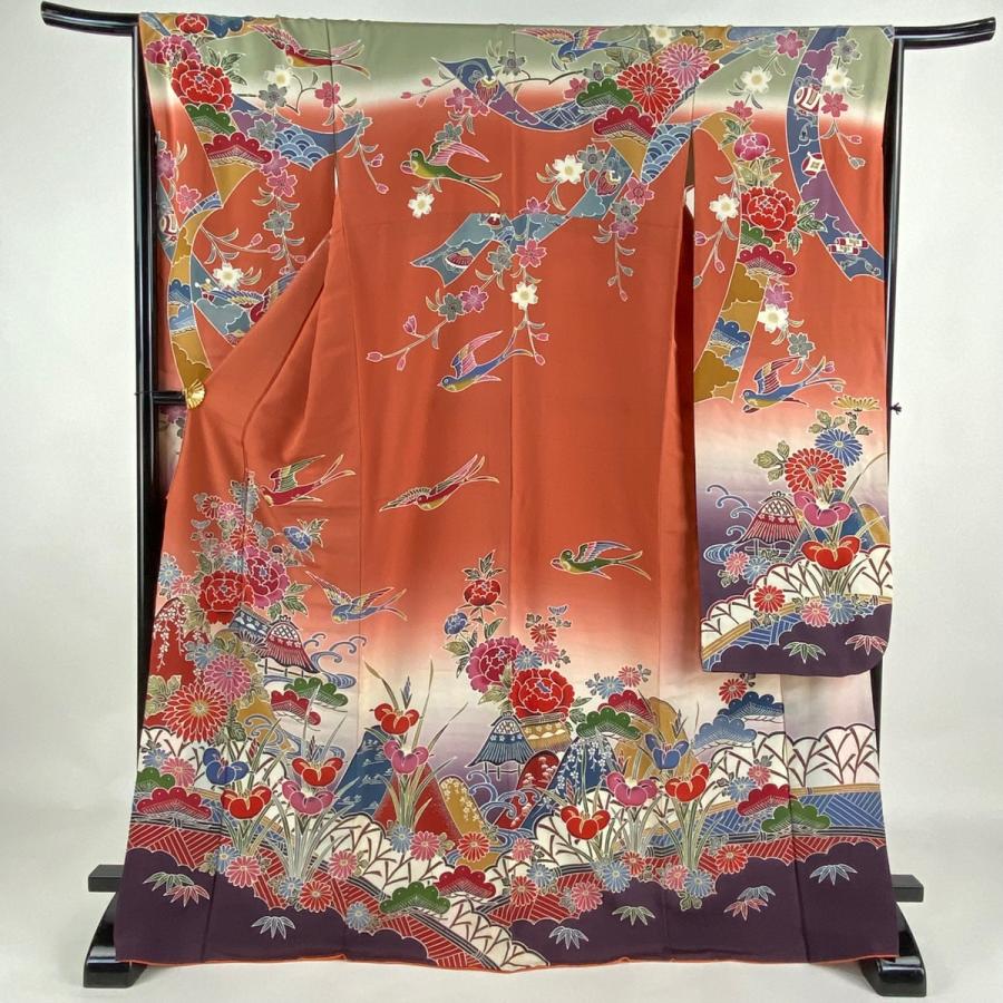 振袖 身丈170cm 裄丈66cm M 袷 花鳥 流水 染め分け ぼかし 茜色 正絹 名品 中古 : リユースセレクトショップバイセル Yahoo!店 - 通販 - Yahoo!ショッピング