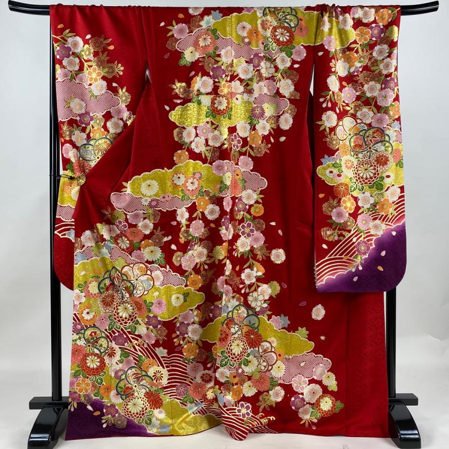 振袖 身丈172.5cm 裄丈71cm L 袷 草花 雲文 箔 金彩 赤 正絹 美品 名品 中古 : リユースセレクトショップバイセル Yahoo!店 - 通販 - Yahoo!ショッピング