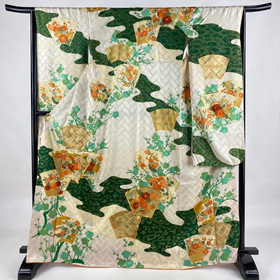 振袖 身丈166cm 裄丈66cm M 袷 扇面 草花 刺繍 金彩 クリーム 正絹 秀品 中古 : リユースセレクトショップバイセル Yahoo!店 - 通販 - Yahoo!ショッピング