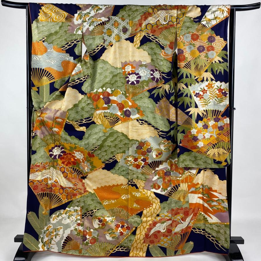 振袖 身丈169cm 裄丈64cm M 袷 扇 鶴 金糸 金彩 紺色 正絹 秀品 中古 : リユースセレクトショップバイセル Yahoo!店 - 通販 - Yahoo!ショッピング