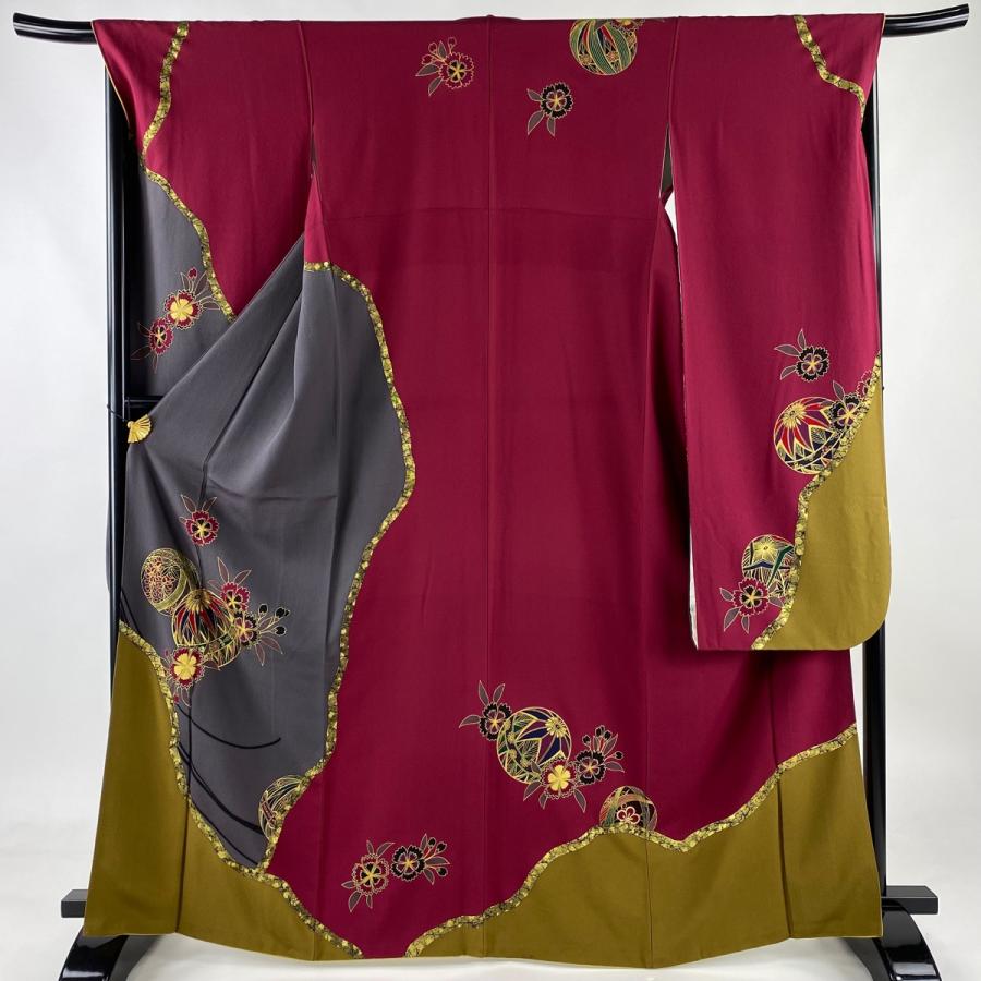 振袖 身丈167cm 裄丈67cm M 袷 鞠 草花 金彩 染め分け 赤紫 正絹 名品 中古 : リユースセレクトショップバイセル Yahoo!店 - 通販 - Yahoo!ショッピング