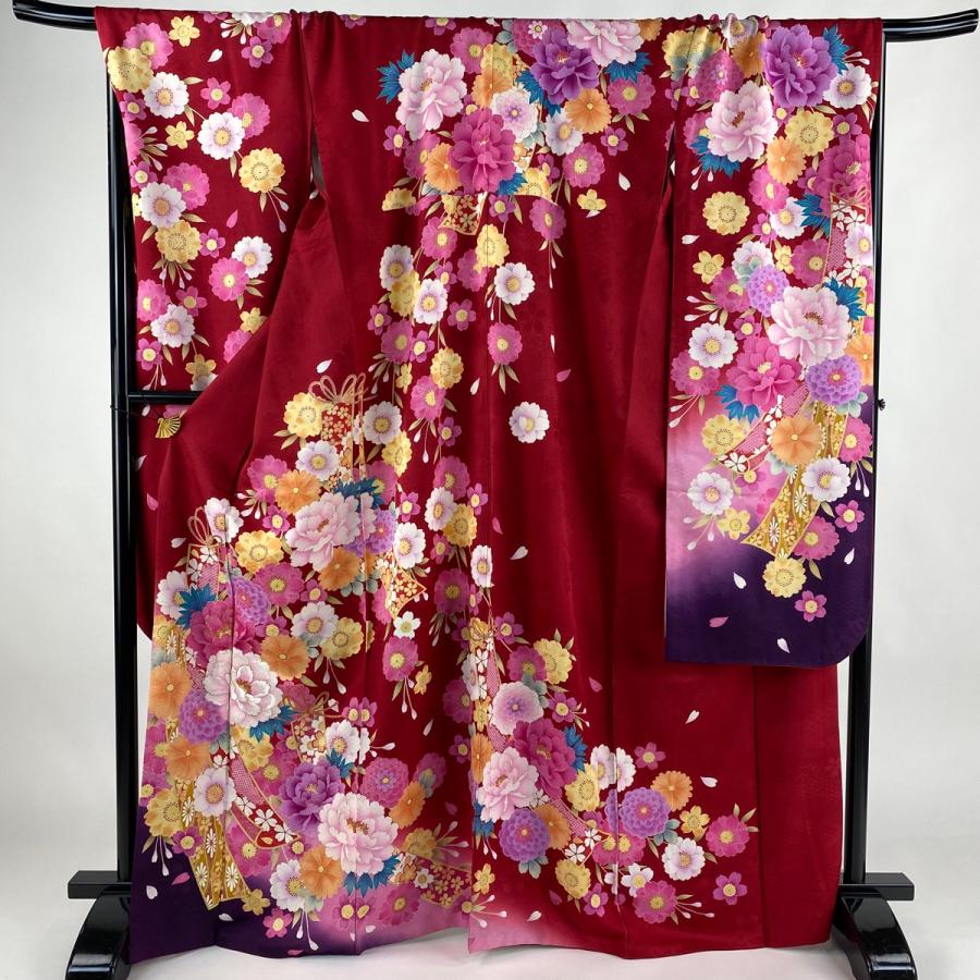 振袖 身丈168cm 裄丈70cm L 袷 牡丹 短冊 箔 ラメ糸 赤 正絹 名品 中古 : リユースセレクトショップバイセル Yahoo!店 - 通販 - Yahoo!ショッピング