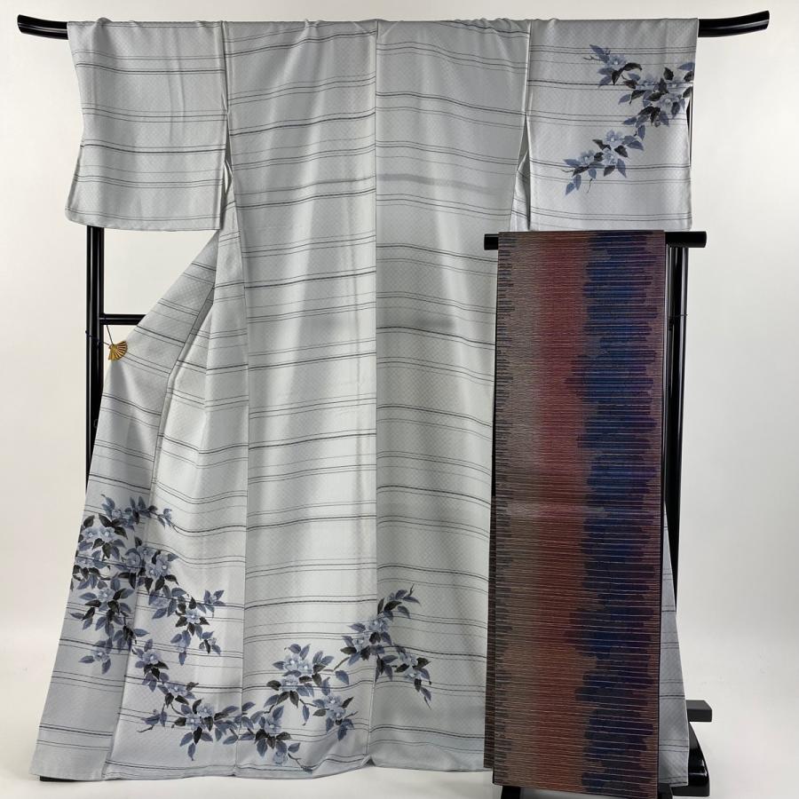 付下げ 身丈174cm 裄丈72.5cm L 袷 紬地 袋帯セット 椿 横縞 水色 正絹 秀品 中古 : リユースセレクトショップバイセル Yahoo!店 - 通販 - Yahoo!ショッピング