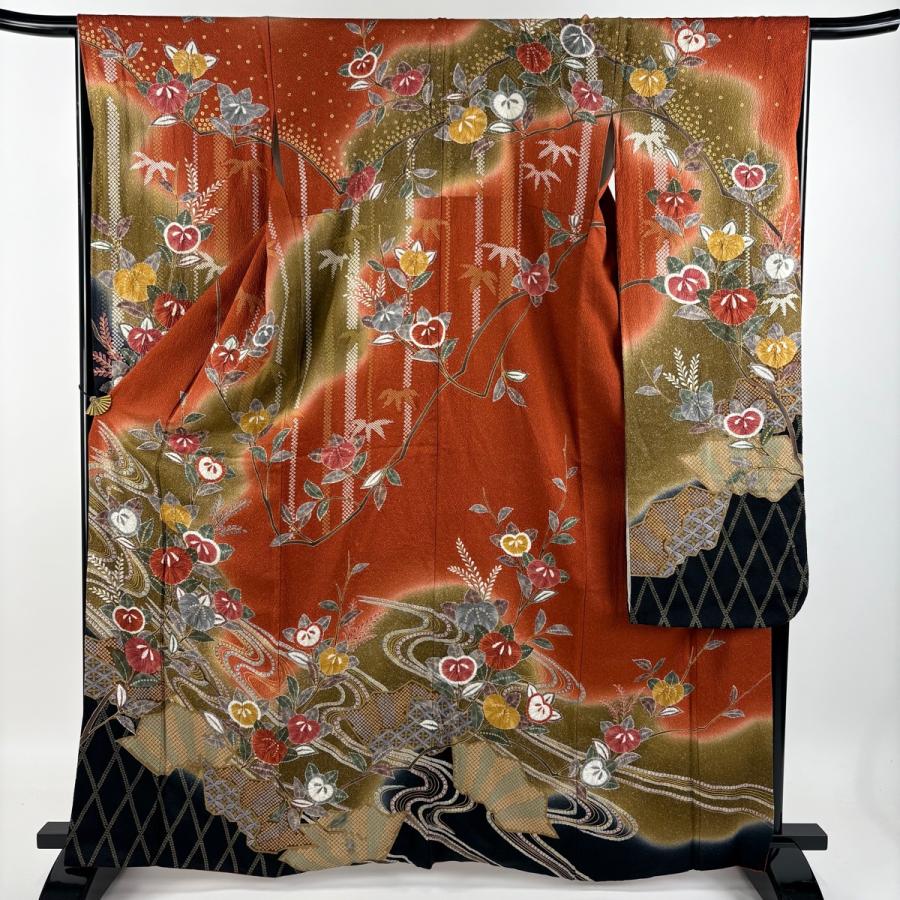 振袖 身丈166cm 裄丈66cm M 袷 橘花 流水 金彩 絞り 赤茶 正絹 美品 名品 中古 : リユースセレクトショップバイセル Yahoo!店 - 通販 - Yahoo!ショッピング