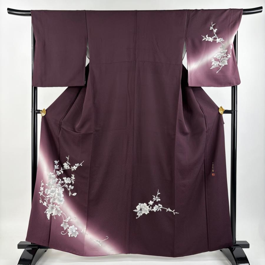 付下げ 身丈162cm 裄丈68cm L 袷 中村弘三郎 やまと 落款あり 草花 葡萄 銀彩 ラメ 濃紫 正絹 名品 中古 : リユース ...