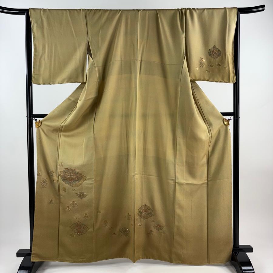 付下げ 身丈166cm 裄丈67.5cm L 袷 向かい鳥 草花 刺繍 金糸 黄土色 正絹 秀品 中古 : リユースセレクトショップバイセル Yahoo!店 - 通販 - Yahoo!ショッピング