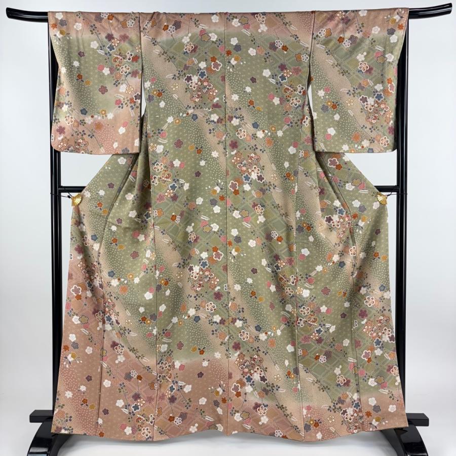 訪問着 身丈162cm 裄丈68cm L 袷 梅 麻の葉 金彩 染め分け 灰緑 正絹 美品 秀品 中古 : リユースセレクトショップバイセル ...