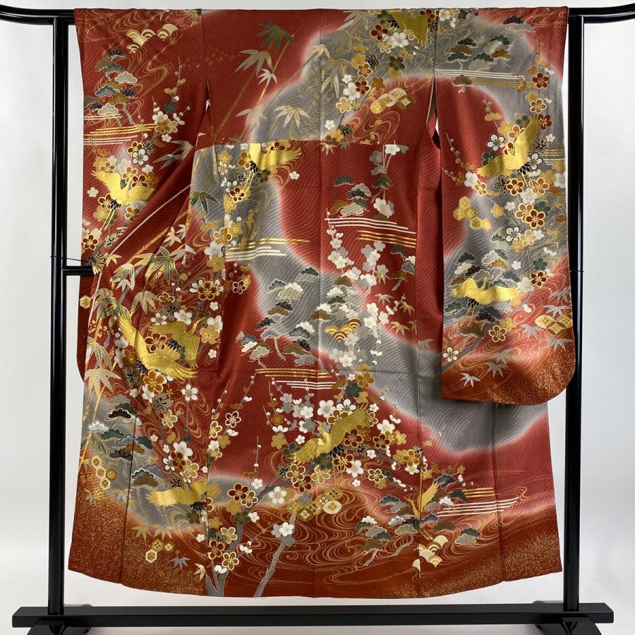 振袖 身丈151cm 裄丈62cm S 袷 鶴 松竹梅 金糸 金彩 茜色 正絹 秀品 中古 : リユースセレクトショップバイセル Yahoo!店 - 通販 - Yahoo!ショッピング