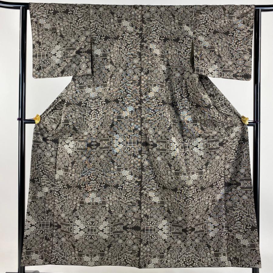 紬 身丈152.5cm 裄丈63cm S 袷 牡丹 垣根 焦茶色 正絹 名品 中古 : リユースセレクトショップバイセル Yahoo!店 - 通販 - Yahoo!ショッピング