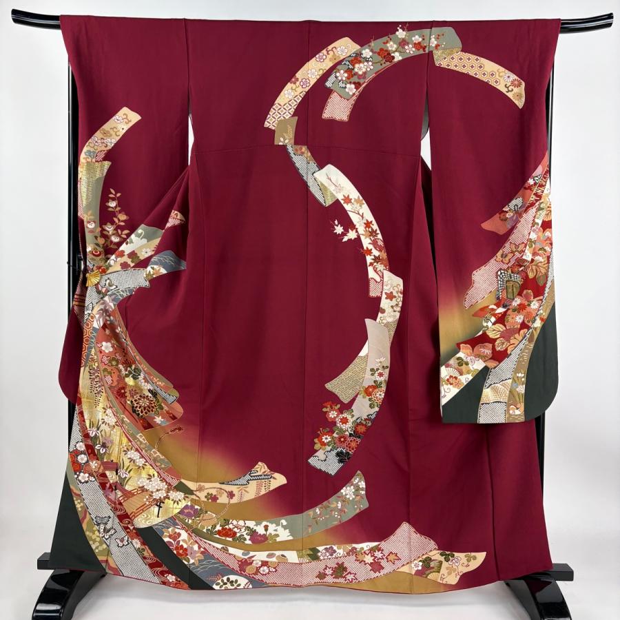 振袖 身丈162cm 裄丈68cm L 袷 橋 草花 金糸 金彩 えんじ色 正絹 美品 秀品 中古 : リユースセレクトショップバイセル Yahoo!店 - 通販 - Yahoo!ショッピング
