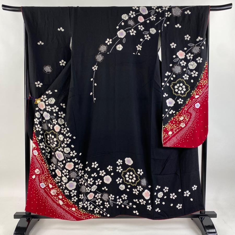 振袖 身丈158.5cm 裄丈67cm M 袷 桜 流水 金彩 絞り 黒 正絹 名品 中古 : リユースセレクトショップバイセル Yahoo!店 - 通販 - Yahoo!ショッピング