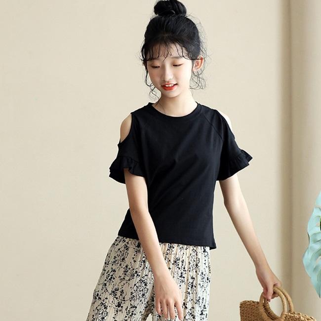 Tシャツ オープンショルダー フリル ブラック 半袖 140-170cm 高品質 韓国子供服 : 300306 : 子ども服ヴェルデ - 通販 - Yahoo!ショッピング