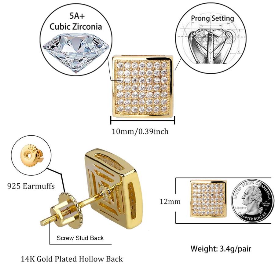 TOPGRILLZ 925 Sterling Silver Square Screw Stud Earrings 14K Gold 5A+ Cubic Zirconia Iced Out ...