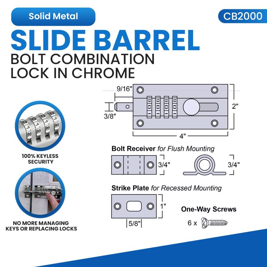 Combi-Bolt CB2000-CHR Sliding Lock Combination Bolt Chrome : かめよしエクスプレス ...