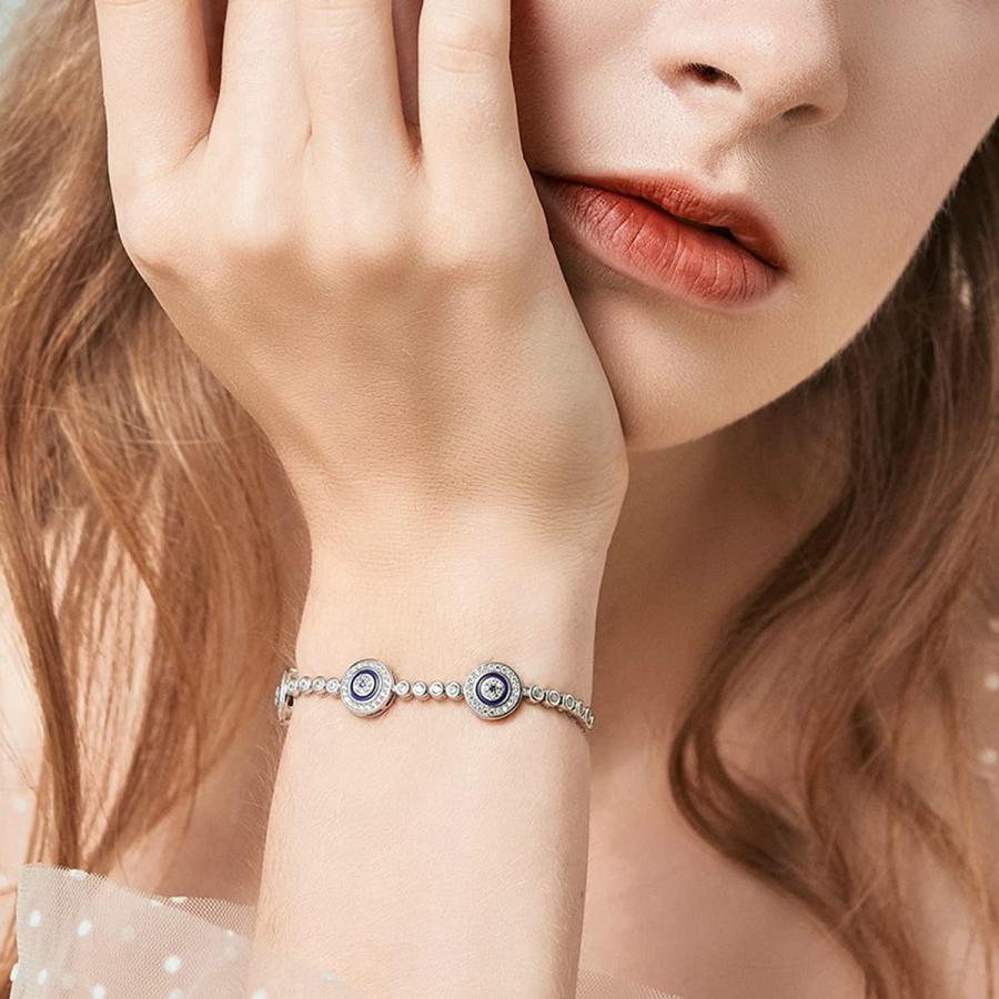 BISAER 925 Sterling Silver Evil Eye Bracelet with Blue Cubic Zirconia Adjustable Chain Bracelets ...