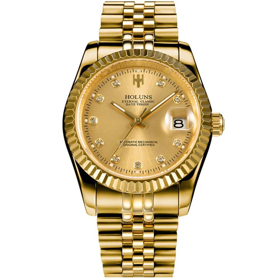 HOLUNS Mens Full Gold Watch Automatic Mechanical Gilded Steel Self-Wind ...