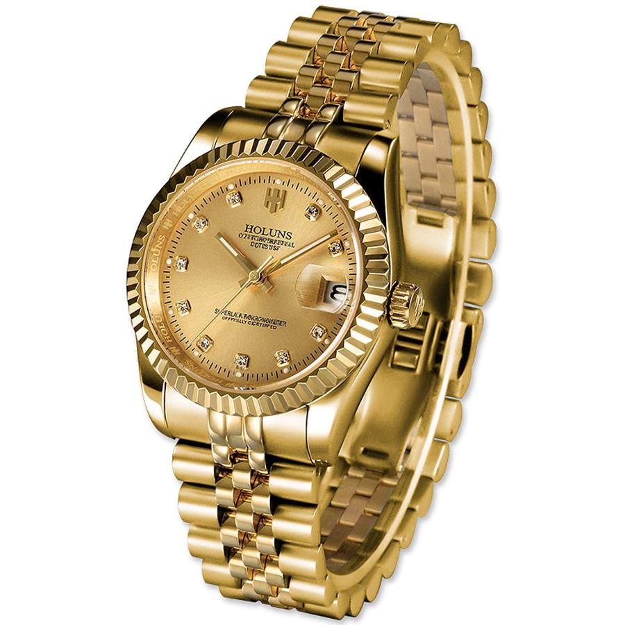 HOLUNS Mens Full Gold Watch Automatic Mechanical Gilded Steel Self-Wind ...