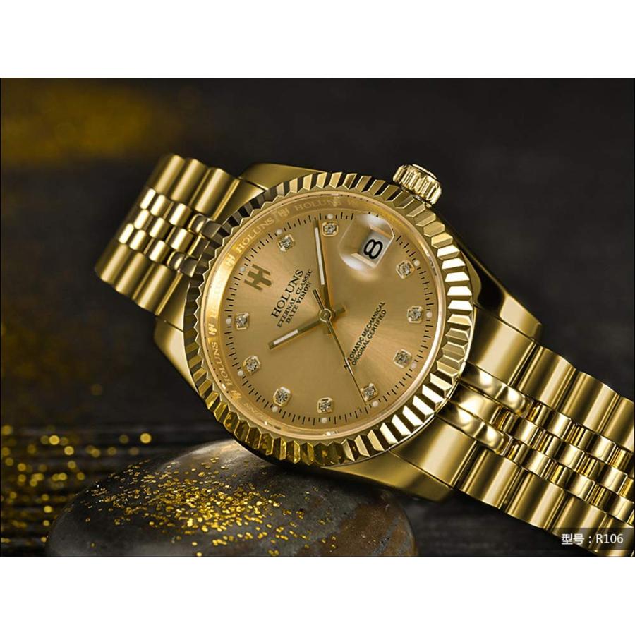HOLUNS Mens Full Gold Watch Automatic Mechanical Gilded Steel Self-Wind ...